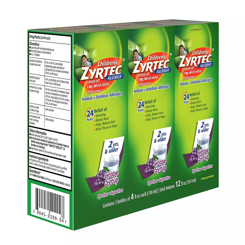 Zyrtec Children's 24 Hour Allergy Relief Grape Syrup, 3 ct./4 fl. oz ...