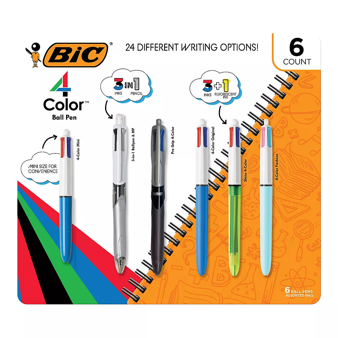 BIC 4-Color Retractable Ballpoint Pens, 6-Pack – Assorted Ink Colors f ...