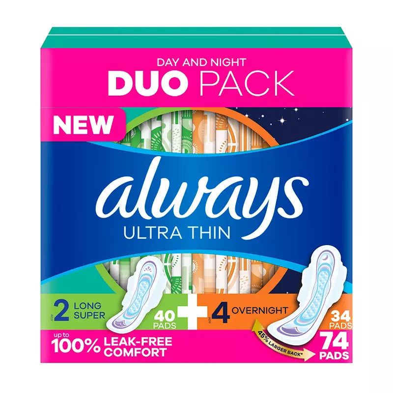 Always Ultra Thin Pads Duo Pack Size 2 & 4 Overnight | 74 Count – WBM MART